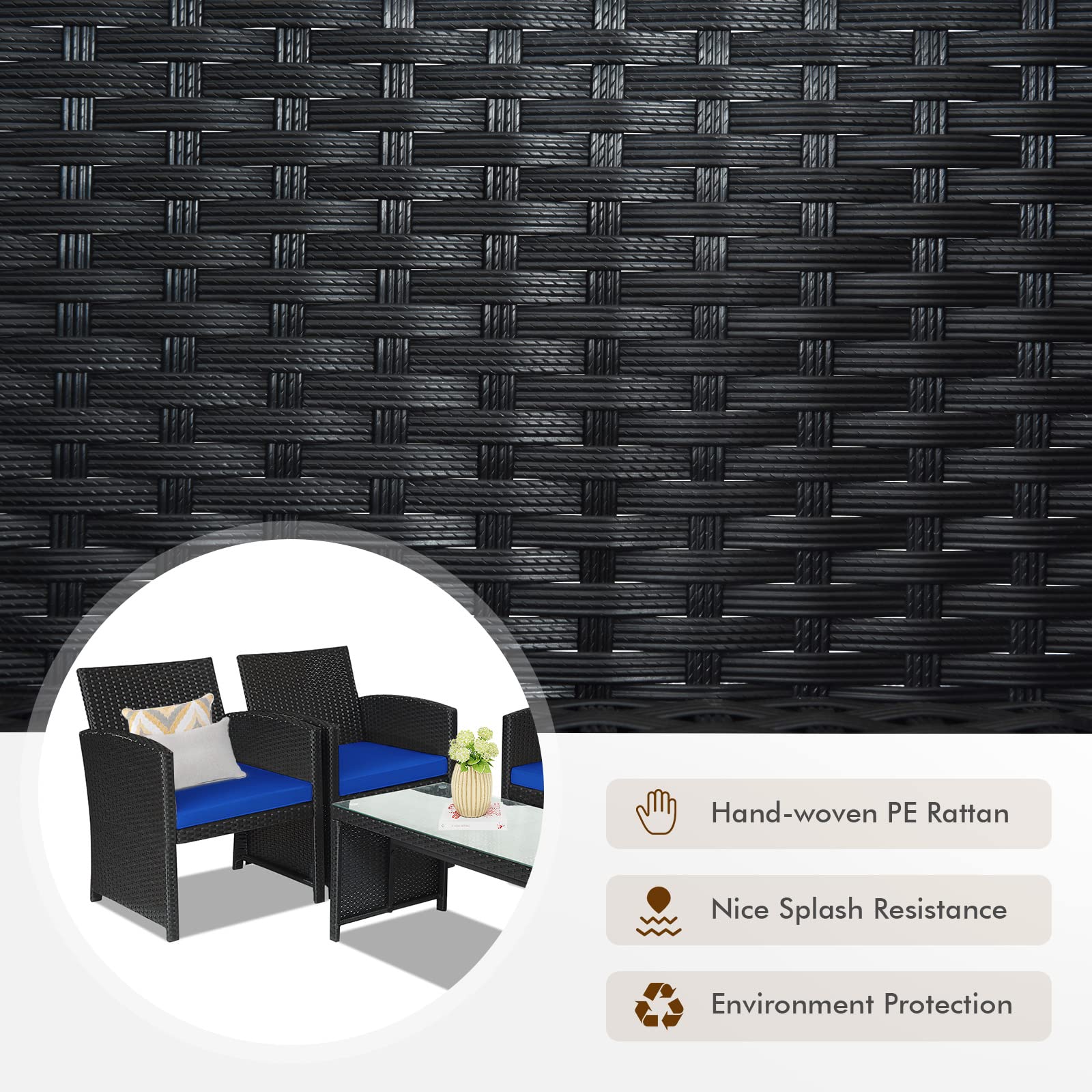 DORTALA 4 Pieces Patio Wicker Conversation Furniture Set, Outdoor Rattan Sofas with Bistro Sets with Coffee Table for Courtyard Balcony Wicker Chairs with Soft Cushion and Table, Navy