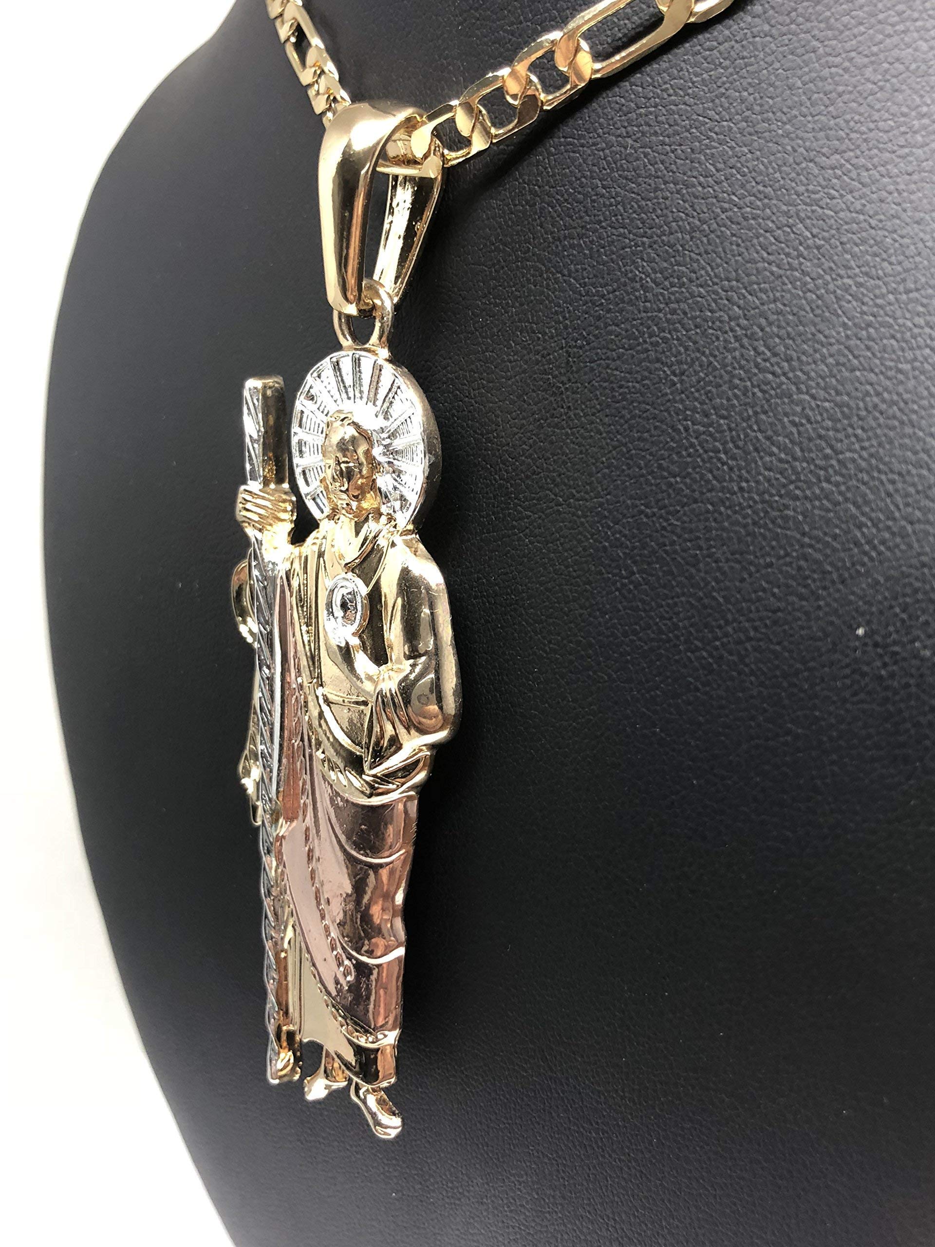 Big Saint Jude Pendant Necklace Figaro 26" San Judas Tadeo XL Tres Colores Medalla Con Oro Laminado