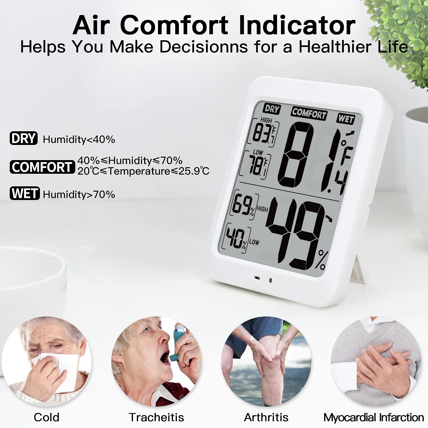 TXL Large Digital Hygrometer Indoor Thermometer with Humidity Gauge, Smart Room Temperature Humidity Sensor Monitor with Touch LCD Backlight for Home Office Warehouse Greenhouse Garden Wine Cellar