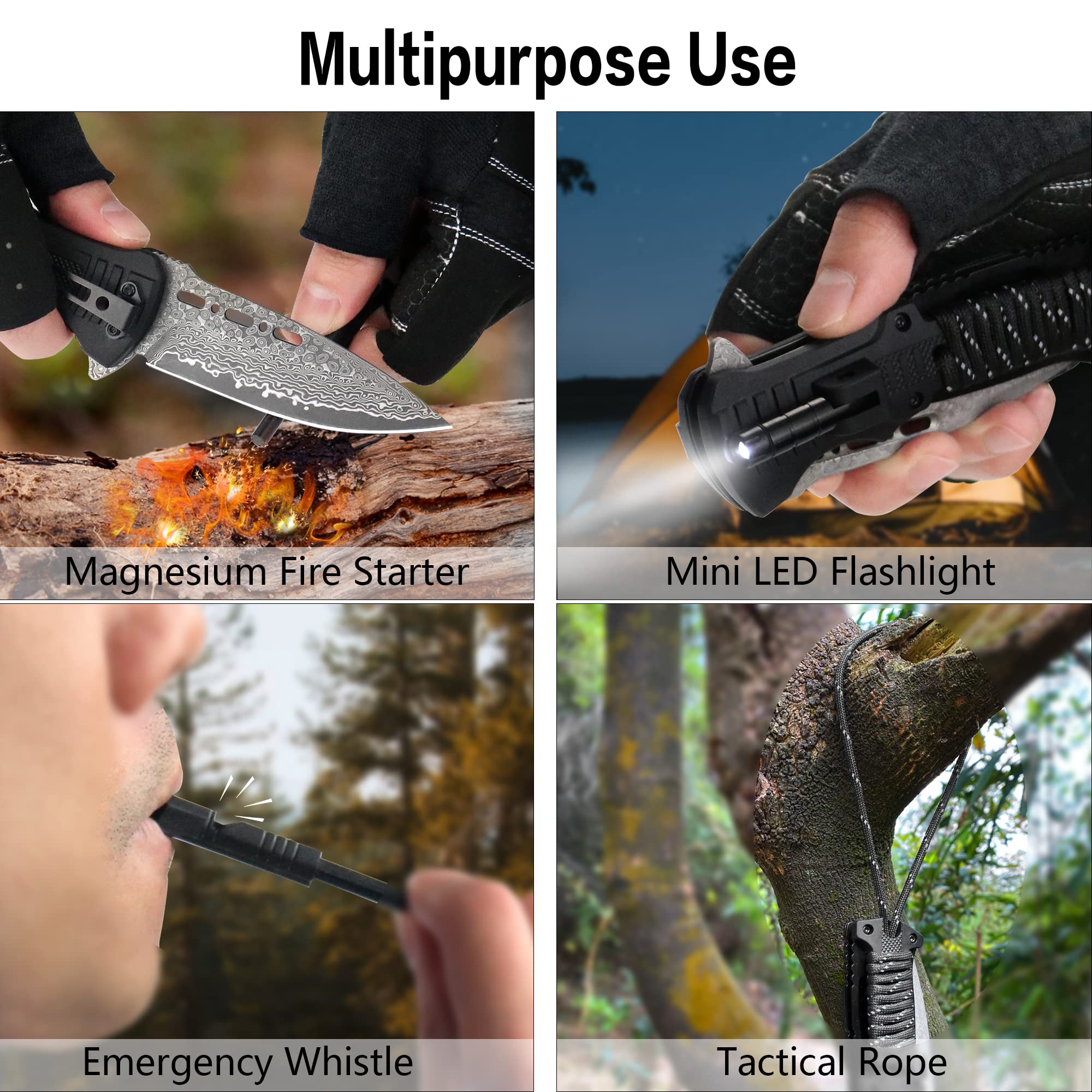 CHELONIAN Damascus Steel Hunting Folding Knives,Spring Assisted Pocket Knife with LED Light Magnesium Fire Starter Whistle (Black)