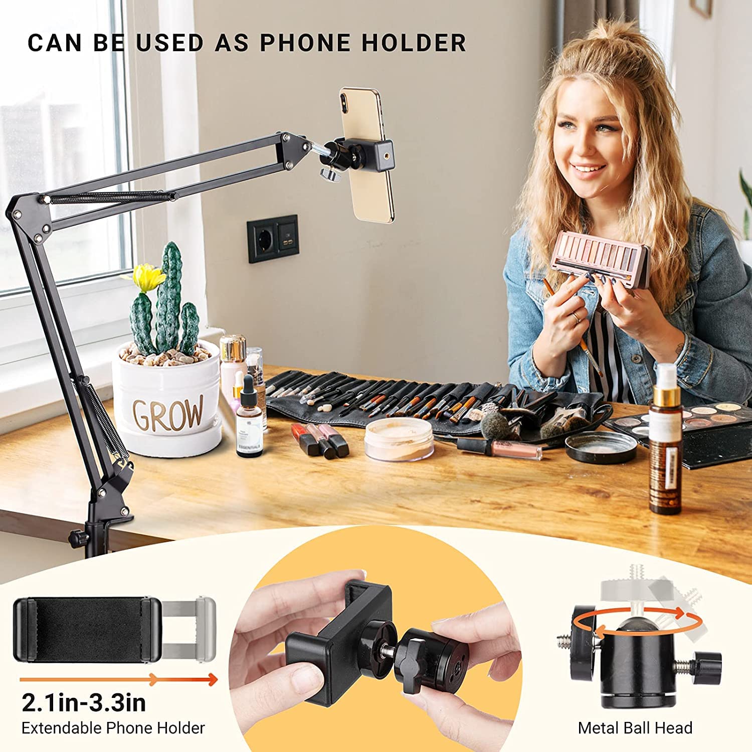 CAHAYA Microphone Arm Stand Suspension Boom Scissor Phone Stand with Pop Filter 2 Mic Clips and 3/8" to 5/8" Adapter Adjustable Suspension Boom Scissor Microphone Stand White