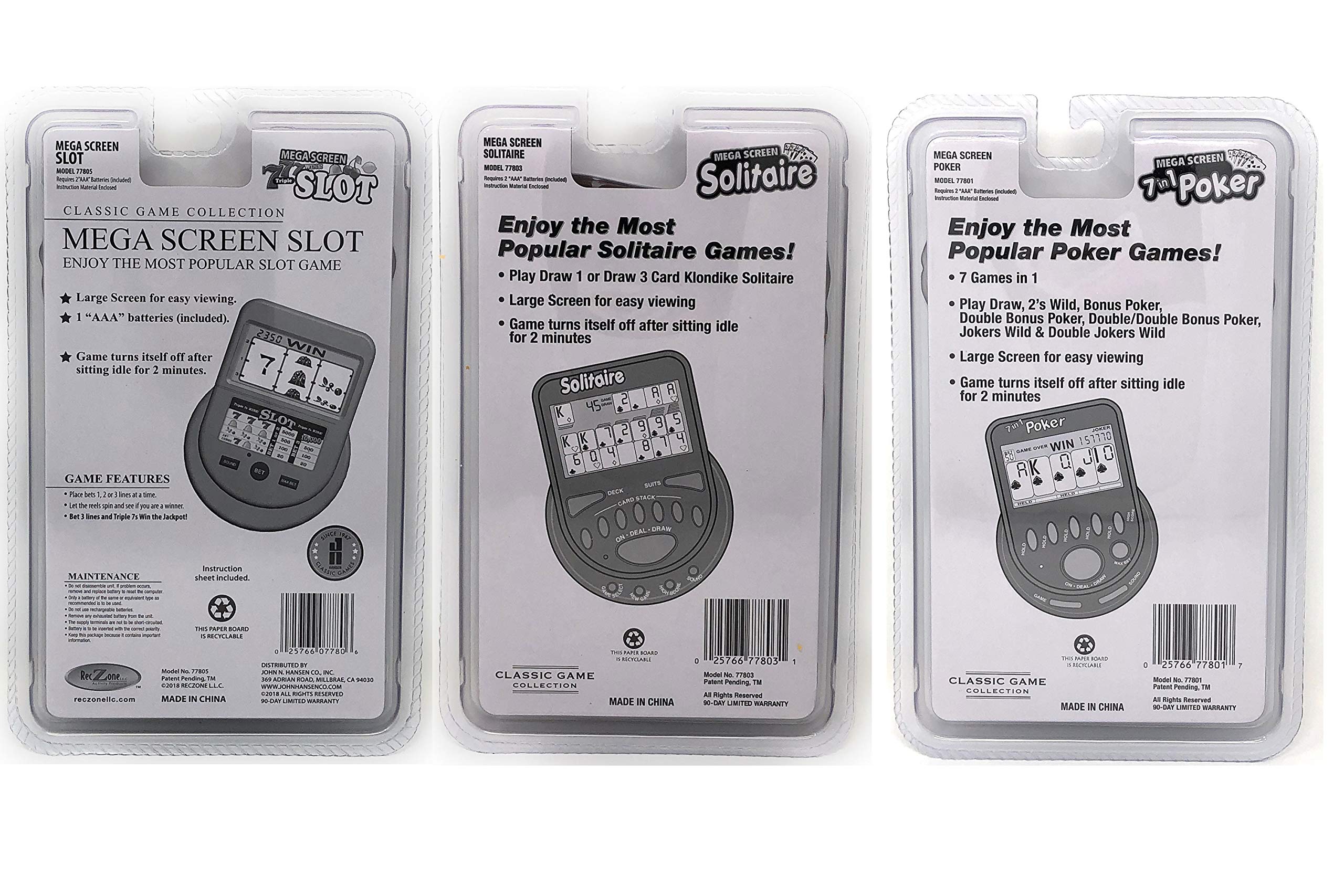 John N. Hansen Mega Screen Handheld Gambling Game Pack Bundle of 3 - Solitaire - Slot Machine - Poker
