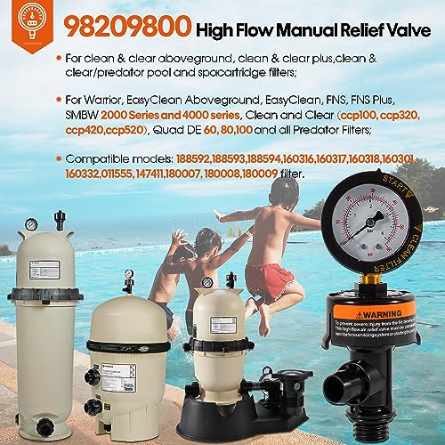 DearChan 98209800 High Flow Manual Relief Valve/Air Relief Manual Valve Assembly with Pressure Gauge, Replacement for Pool and Spa Filter