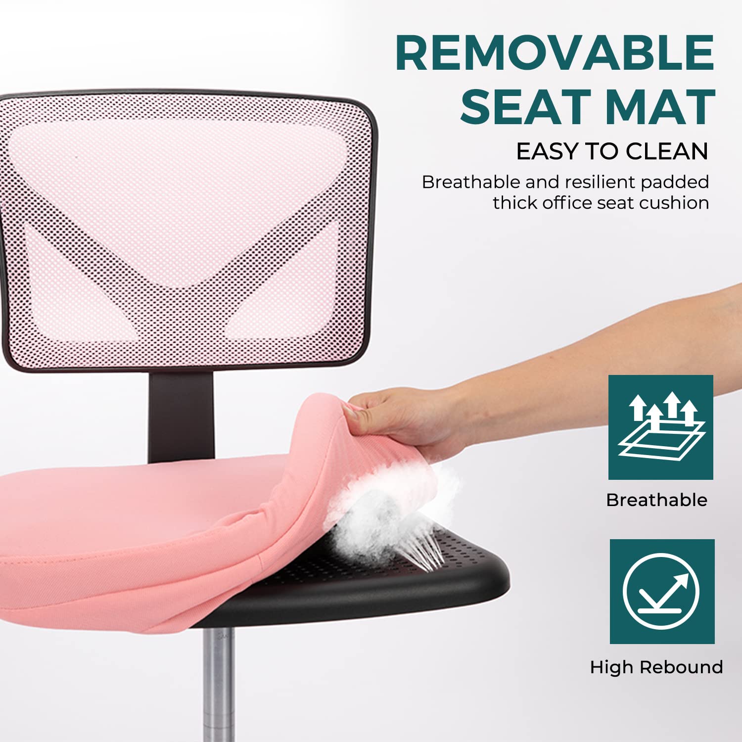 DUMOS Armless Desk Wheels Cute Home Office Chairs, Ergonomic Adjustable Swivel Rolling Task, Comfy Mesh Mid Back Computer Work Vanity Chair for Small Spaces, Light Pink