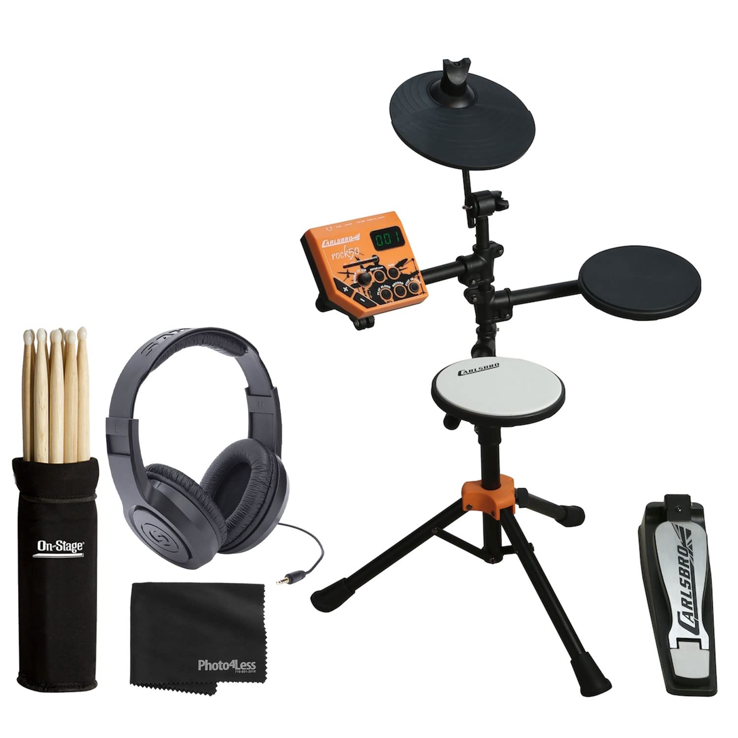 Carlsbro 3 Piece Junior Electronic Drum Kit (Rock50 Sound Module) + Samson SR350 Over-Ear Stereo Headphones + Drumsticks + Drum Stick Holder
