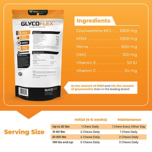 VETRISCIENCE Glycoflex 3 Clinically Proven Hip And Joint Supplement With Glucosamine For Dogs, 120 Chews - Vet Recommended Mobility Support Supplement With DMG, MSM, And Perna