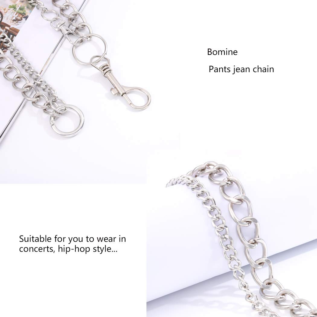 Bomine Hip Hop Pants Jean Chain Goth Punk Silver Trousers Chains Biker Heavy Thick Wallet Pocket Chains Silver Keychains Body Jewelry for Men and Women (Silver)