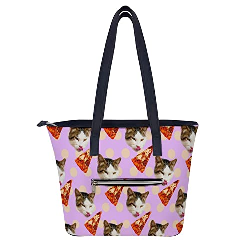 Cat Pizza Lover Women's Tote Bag PU Leather Shoulder Bag Handbags Purse For Work Shopping Travel