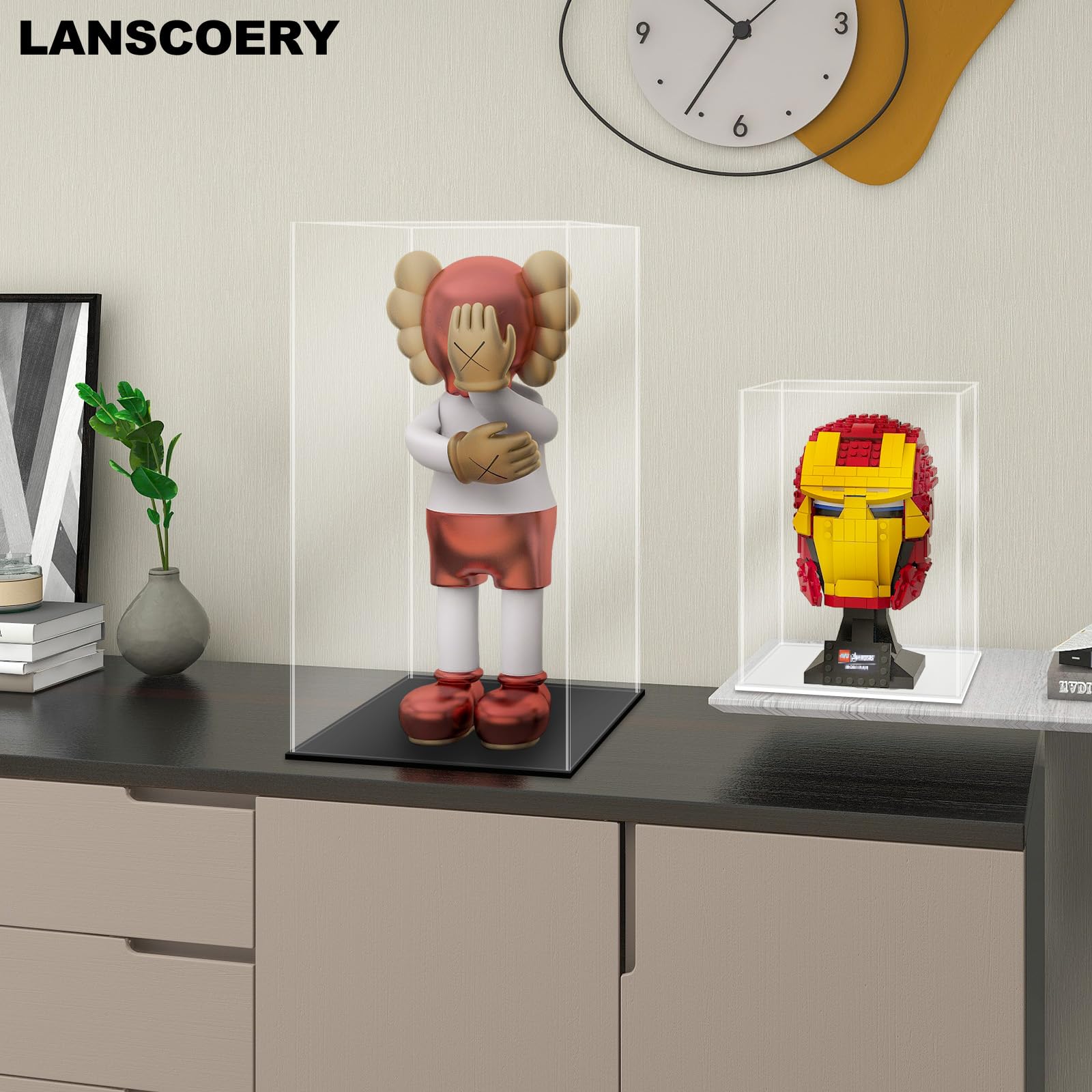 LANSCOERY Acrylic Display Case, Assemble Showcase Display Box for Collectibles, with Dustproof & Seamless Display Design, Compatible with Lego R2-D2 43217 75304 Collectibles 8x8x12inch Black Base