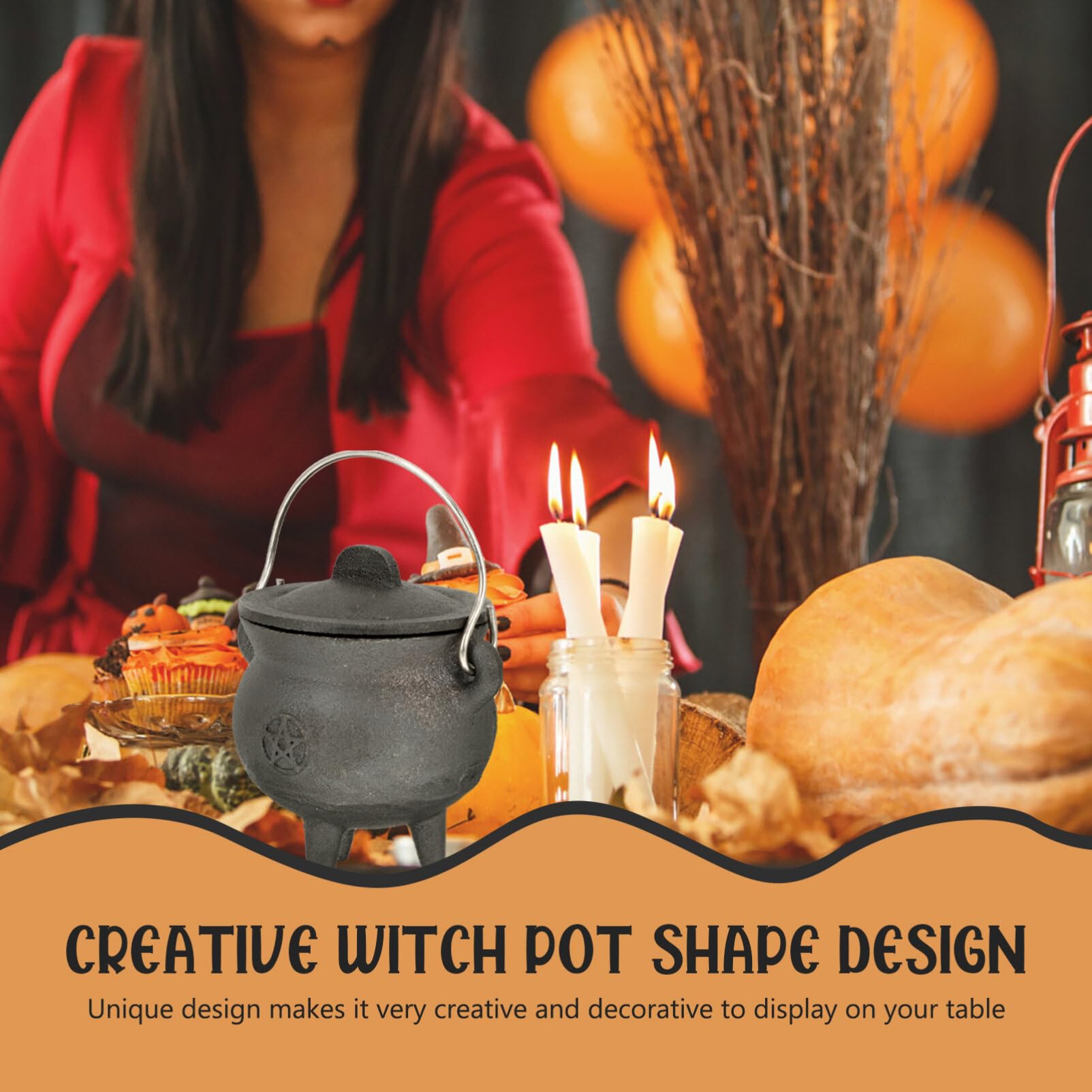 DOITOOL Mini Cast Iron Cauldron with Lid and Handle, 4 Inch Halloween Witch Pot with Lid for Halloween Decoration or Incense Burning (Threephase Moon)