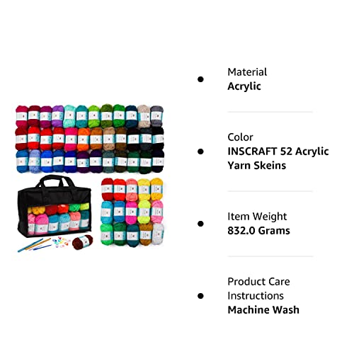 Inscraft 52 Acrylic Yarn Skeins, 1820 Yards 52 Colors, 2 Crochet Hooks, 2 Weaving Needles, 10 Stitch Markers, 1 Bag, for Crocheting & Knitting, Gift Beginners and Adults
