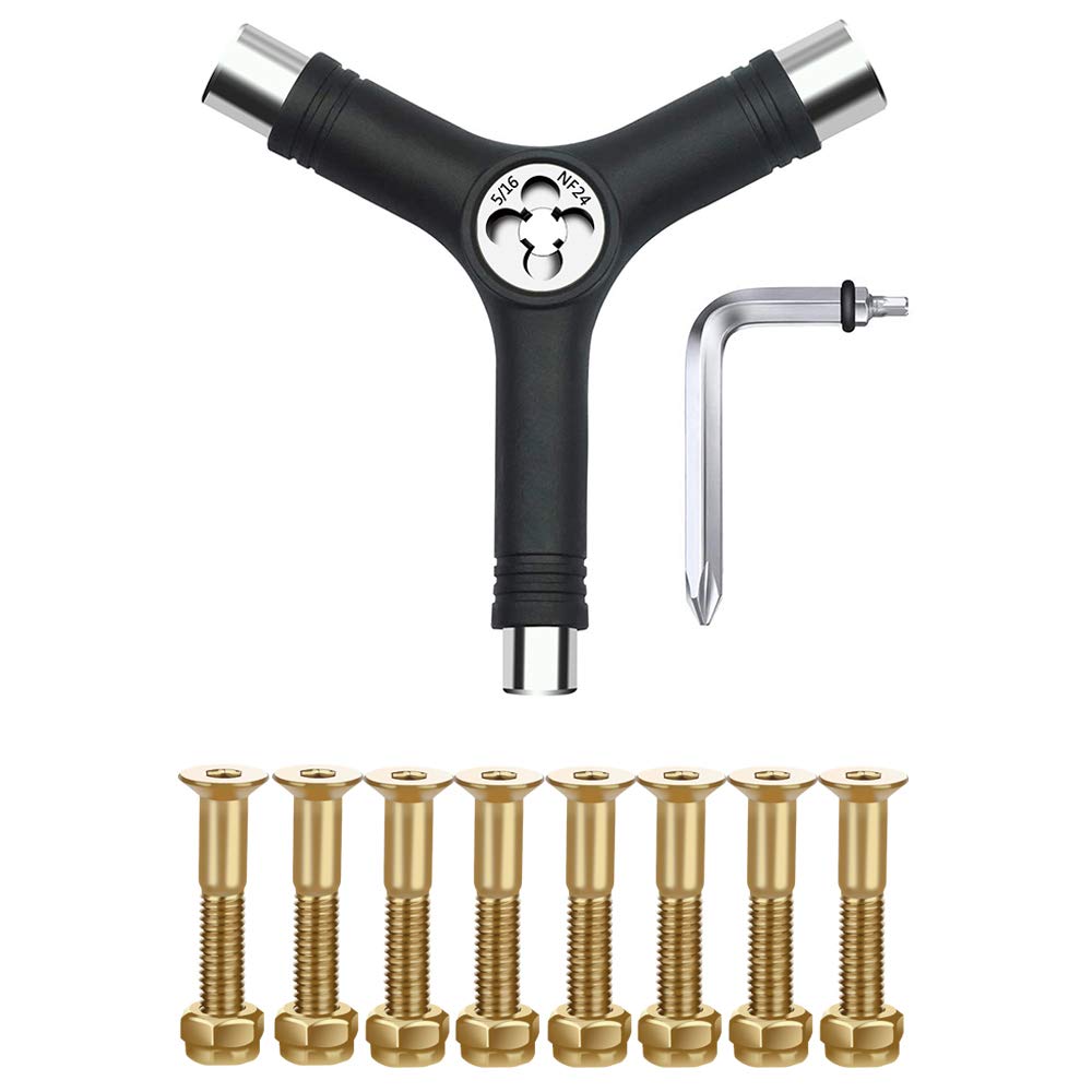 BESIY 1-Inch Skateboard Mounting Hardware 8PCS & All in One Skate Tool, Y Tool for Skateboard (Tools+Gold Hardware)