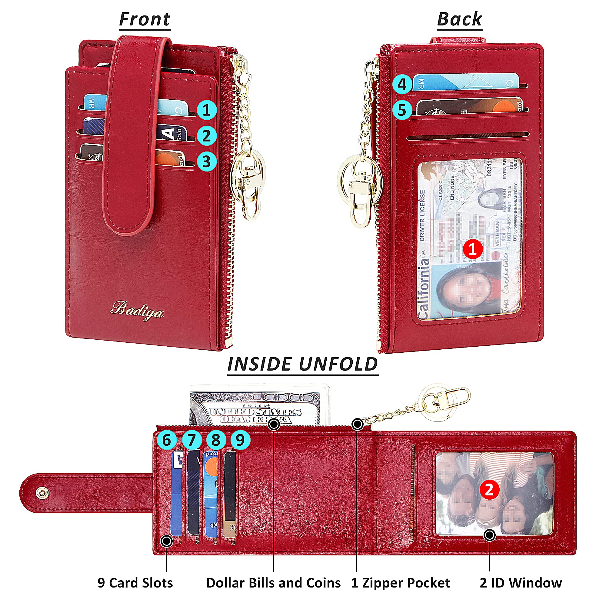 Badiya RFID Card Holder Small Wallets for Women Bifold Zipper Slim wallet Card Case Money Organizers