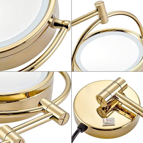 CZQ Wall Mounted LED Lighted Makeup Mirror Hardwired with 10X Magnification, Double Sided 360° Swivel Vanity Bathroom Cosmetic Mirror Extension, 8.5 Inches Plug Powered, Gold