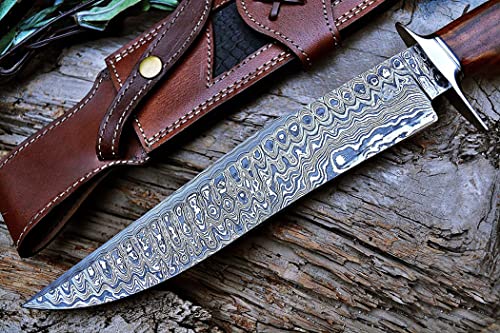 BIGCAT ROAR Handmade Damascus Hunting Knife - Bushcraft Fixed Blade Hunting Knife with Sheath and Walnut Wood Handle - 15″ EDC Skinning Knife - Screaming Eagle