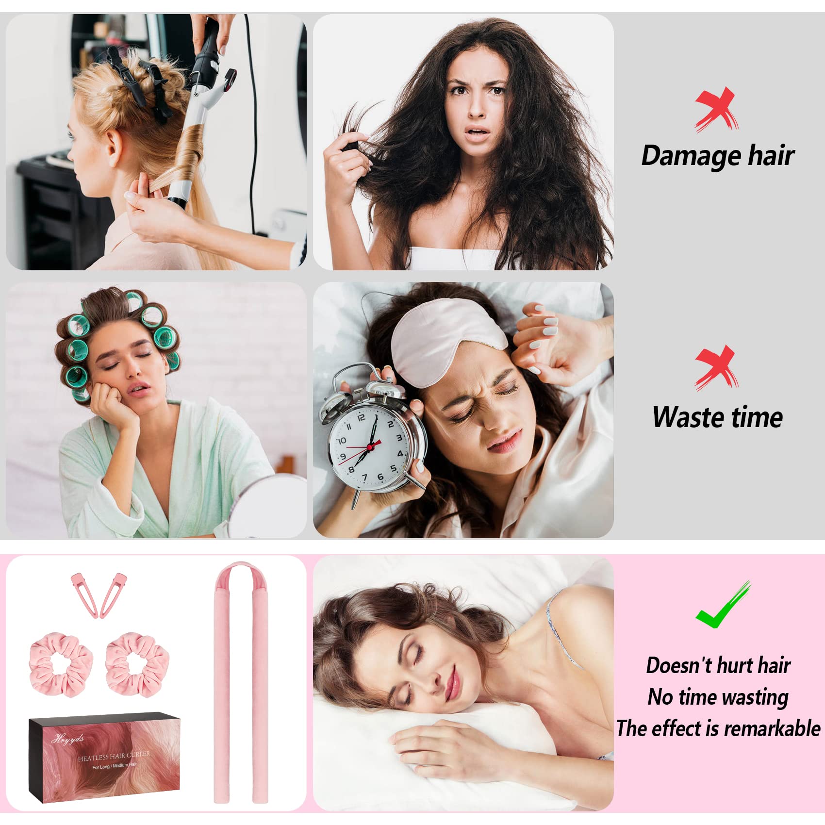 HRYYDS Upgraded Curler with Gift Box - Velvet Headband for Heatless Sleep-in Curls, No Smell, For Long and Medium Hair (Pink)