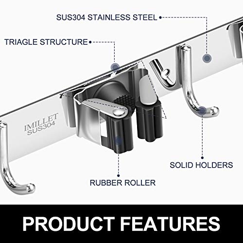 IMILLET Broom and Mop Holder Wall Mounted, Stainless Steel Broom Holder Mop Holder Self Adhesive Heavy Duty Hooks Storage Organizer for Home Laundry Room Garden Garage(3 Racks with 4 Hooks)