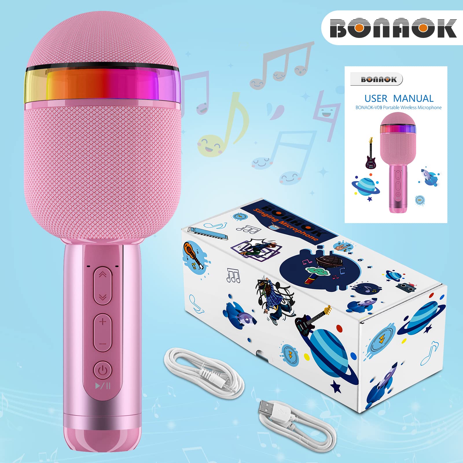 BONAOK Wireless Bluetooth Karaoke Microphone with LED Lights, 4 in 1 Portable Handheld Karaoke Machine Speaker Birthday Gifts for All Ages V09(P-ink)