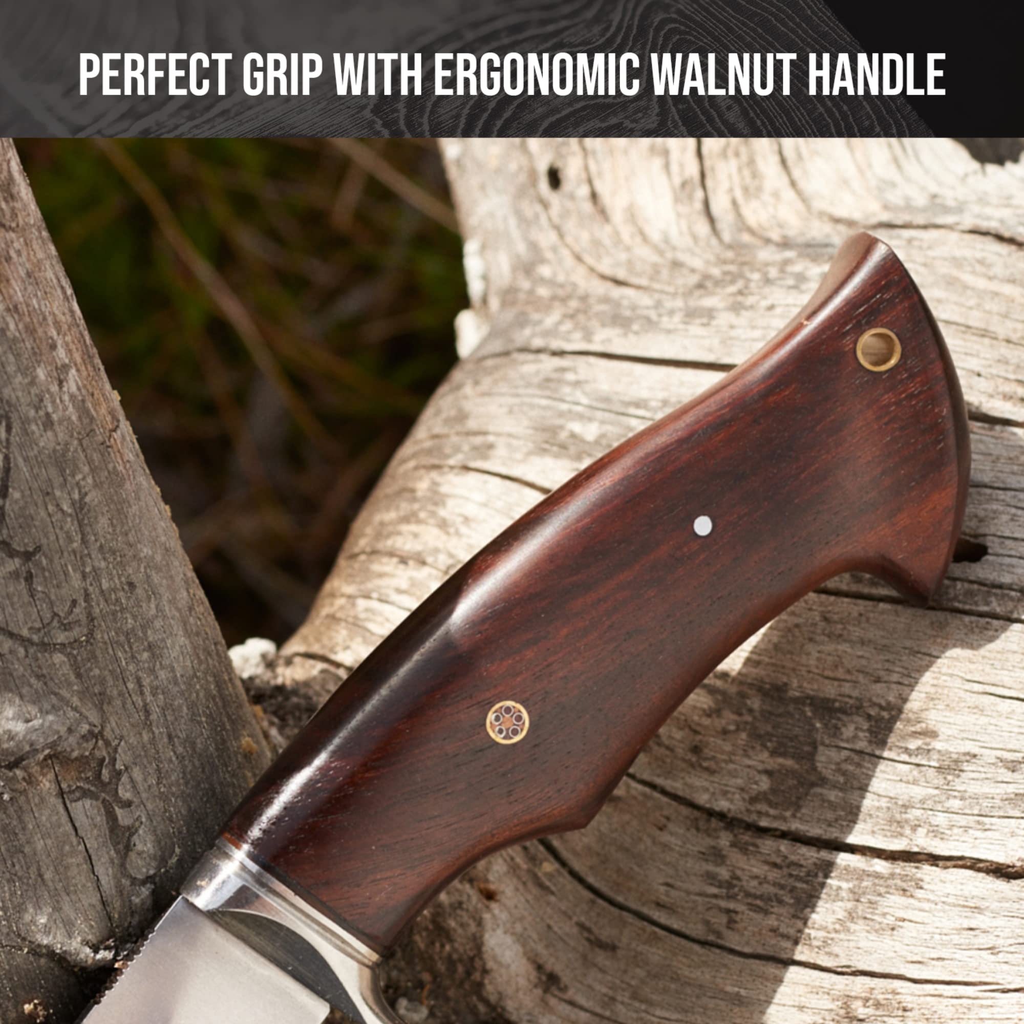 BIGCAT ROAR Handmade Damascus Hunting Knife - Bushcraft Fixed Blade Hunting Knife with Sheath and Walnut Wood Handle - 10″ EDC Skinning Knife - Cougar Hunter