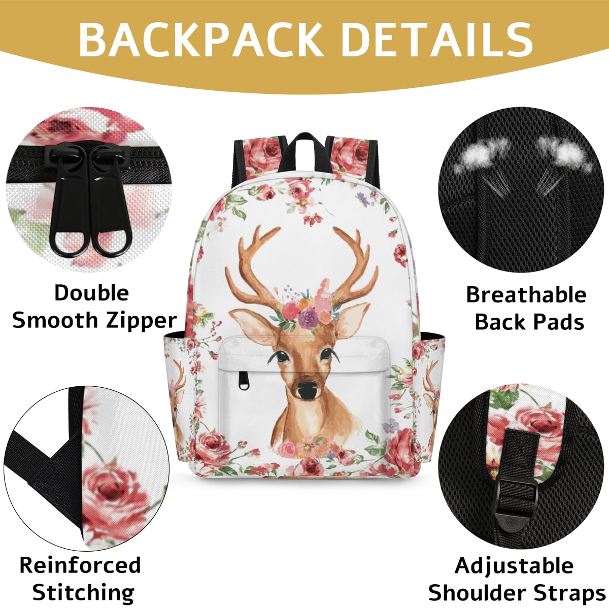 Bardic Backpack for Kids Kindergarten Boys Girls Backpack Metal Double Zipper Lightweight School Bookbag Travel Backpack - Cute Deer Flower Rose