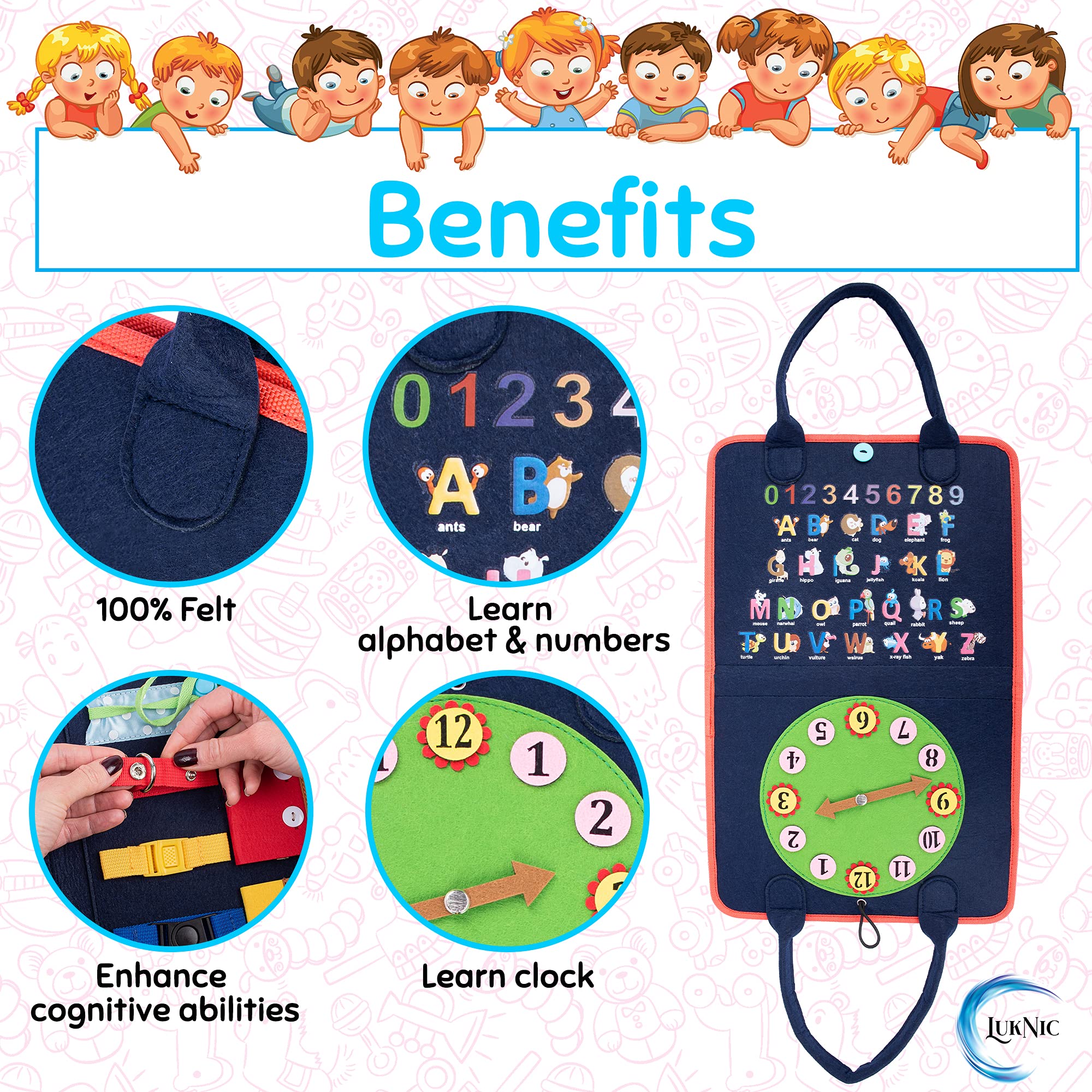 LukNic Busy Board Montessori and Sensory for Toddlers Toys for Children Learning Tool for Kids Portable Blue Felt Bag with Zipper Clock Activiti Kit