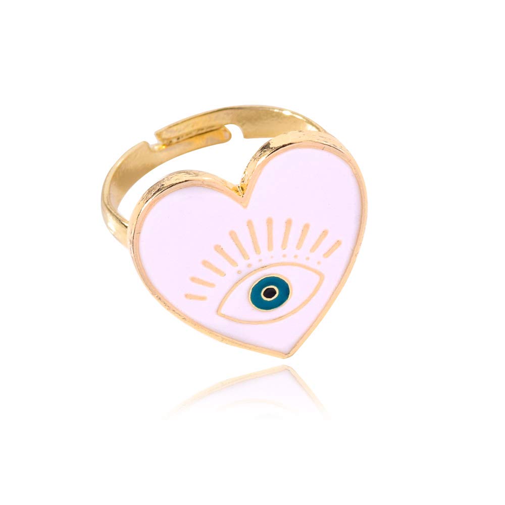 Caiyao 1/4Pcs Drop Oil Heart Evil Eye Enamel Ring Statement Peach Big Love Blue Eye Bless Ring Inspirational Turkish Hamsa Adjustable Open for Women Charm Protection Jewelry-D white