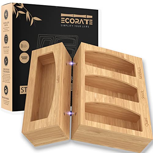 ECORATE 2 Piece Magnetic Bamboo Ziplock Bag Organizer for Drawer, Baggie Organizer and Ziploc Bag Storage Organizer for Gallon, Quart, Sandwich & Snack Bags, Storage Bag Organizer for Kitchen Drawer