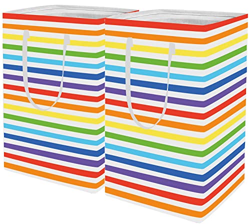 ESSME 2 pack Rainbow Laundry Basket Colorful Storage Bins with Long Handles.75L Rainbow Hamper for Kids Hamper,Toys Bin, Room Decor for Boys and Girls, Rainbow Storage Basket, Classroom, Bedroom, Bathroom, Dorm,Travel.(Colorful stripes)