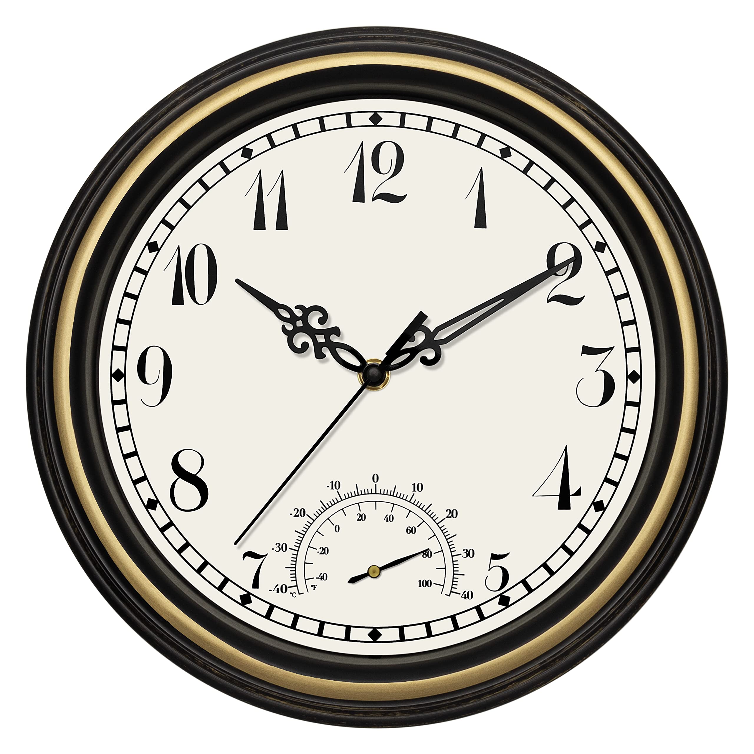 Lumuasky Indoor Outdoor Waterproof Wall Clock with Thermometer, Retro Silent Non-Ticking Battery Operated Round Clock for Garden Patio Yard Home (12 inch, Black Gold)
