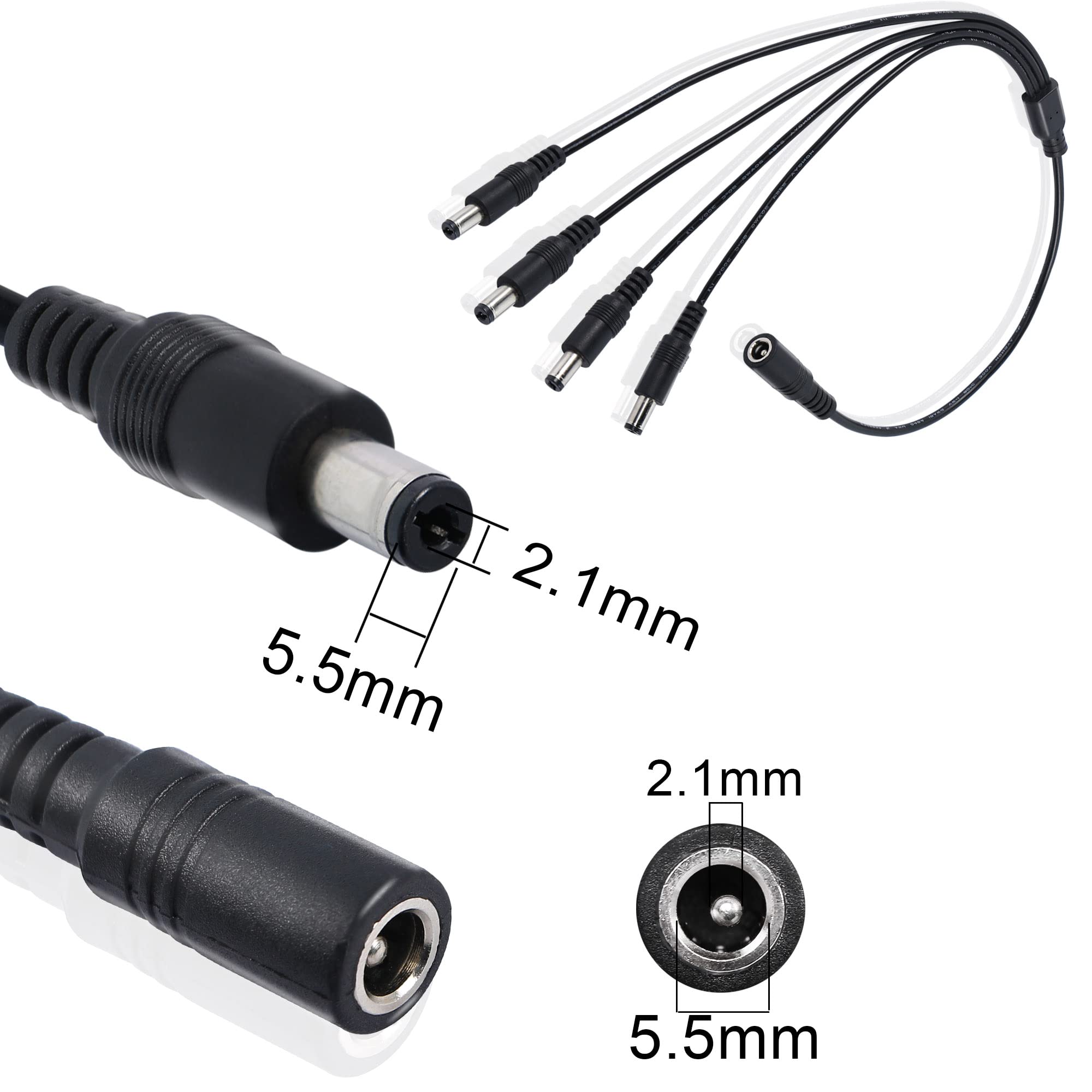 GINTOOYUN DC Splitter Cable 1 Female to 4 Male 5.5mm x 2.1mm, 12V DC Power Extension Cable Splitter Adapter for CCTV Security Camera, LED Strip Light, etc 0.7m (1 to 4 Way)