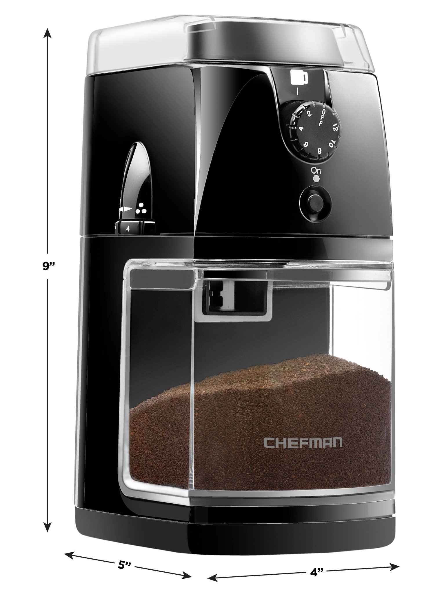 Chefman Coffee Grinder Electric Burr Mill - Freshly Grinds Up to 2.8oz Beans, Large Hopper with 17 Grinding Options for 2-12 Cups, Easy One Touch Operation, Cleaning Brush Included, Black