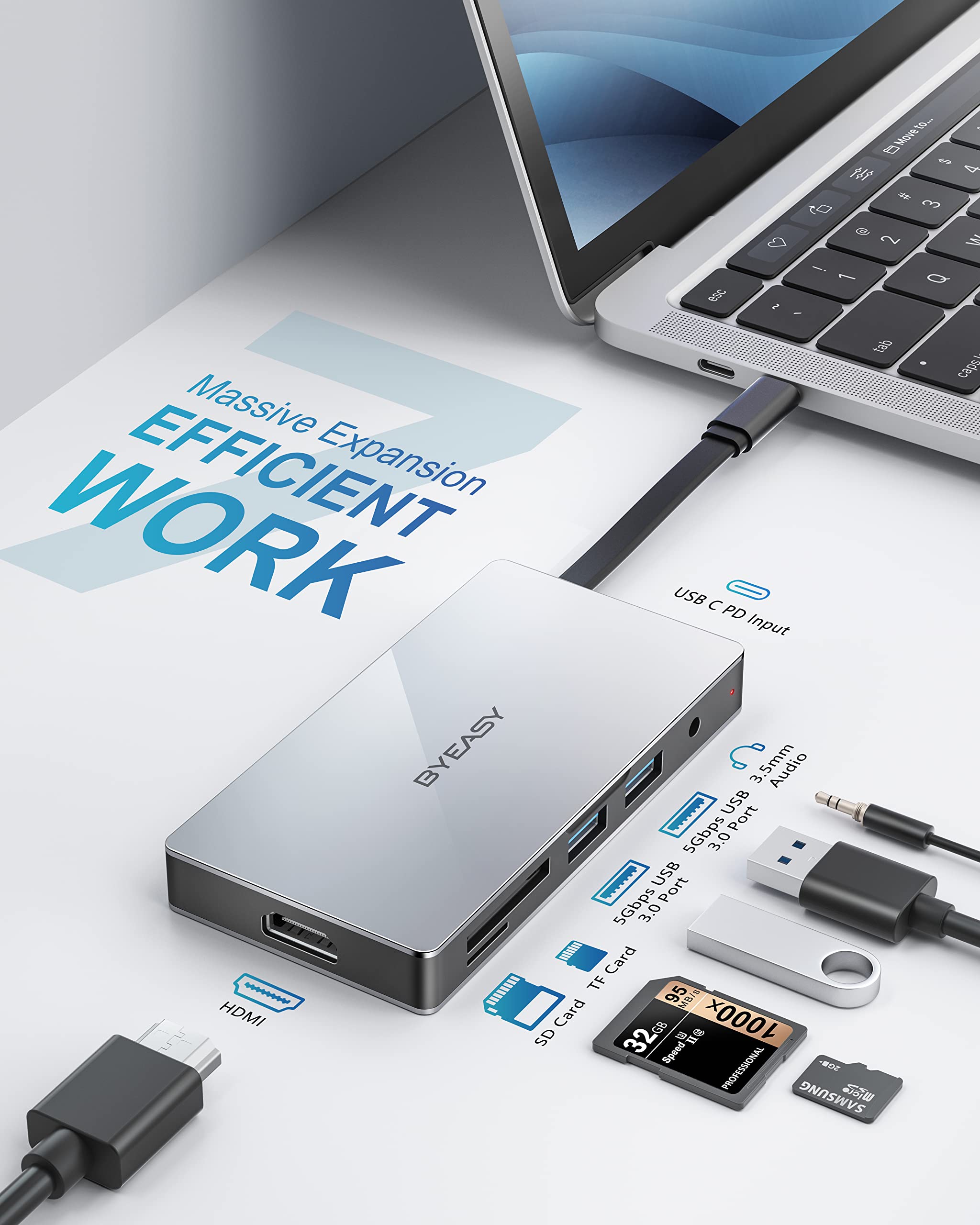BYEASY 7 in 1 USB C Hub, 4K HDMI Adapter, USB C 100W PD Output, USB 3.0 * 2, SD/Micro SD Reader, 3.5mm Audio Compatible with Laptop, MacBook, Surface, iPad Air Pro and Other Type C Devices.