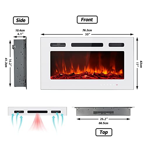 Maxhonor Electric Fireplace Insert Wall Mounted Freestanding Heater with Remote Control, 1500/750W (30 inch, White)