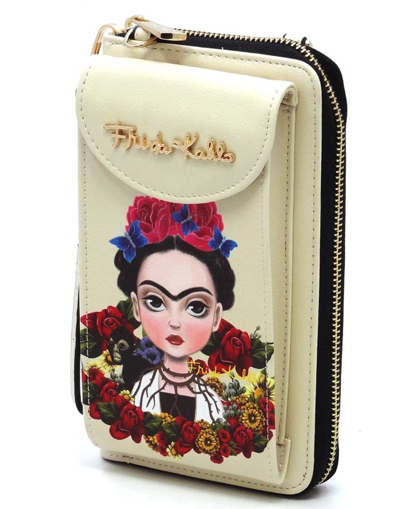 LuxeBag Frida Kahlo Cartoon Flower Collection Cellphone Purse Wallet (Beige/Black)