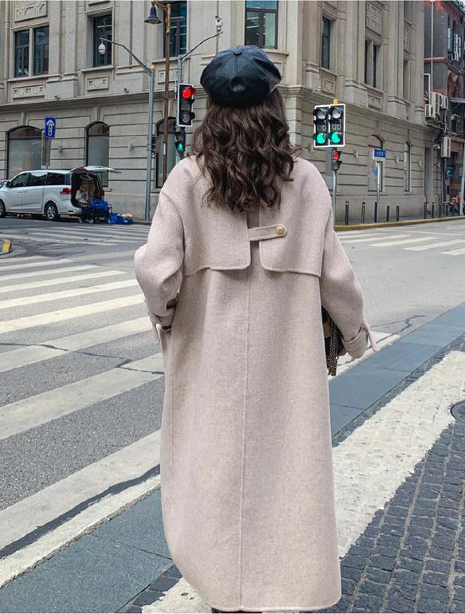 BLFYQB Woolen Coat Female in The Long Section Autumn and Winter Hepburn Wind Thicken Thigh Sen Department Woolen Jacket Capable Neat/Beige/S