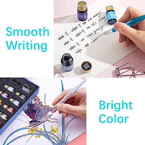 OFUN Glass Pen and Ink Set, Beginners Calligraphy Dip Pens for Art Drawing, Gift Card Writing, Rainbow Crystal Kit with 2 Pcs Pens, 12 Gold Powder Inks, Cleaning Cup, Holder
