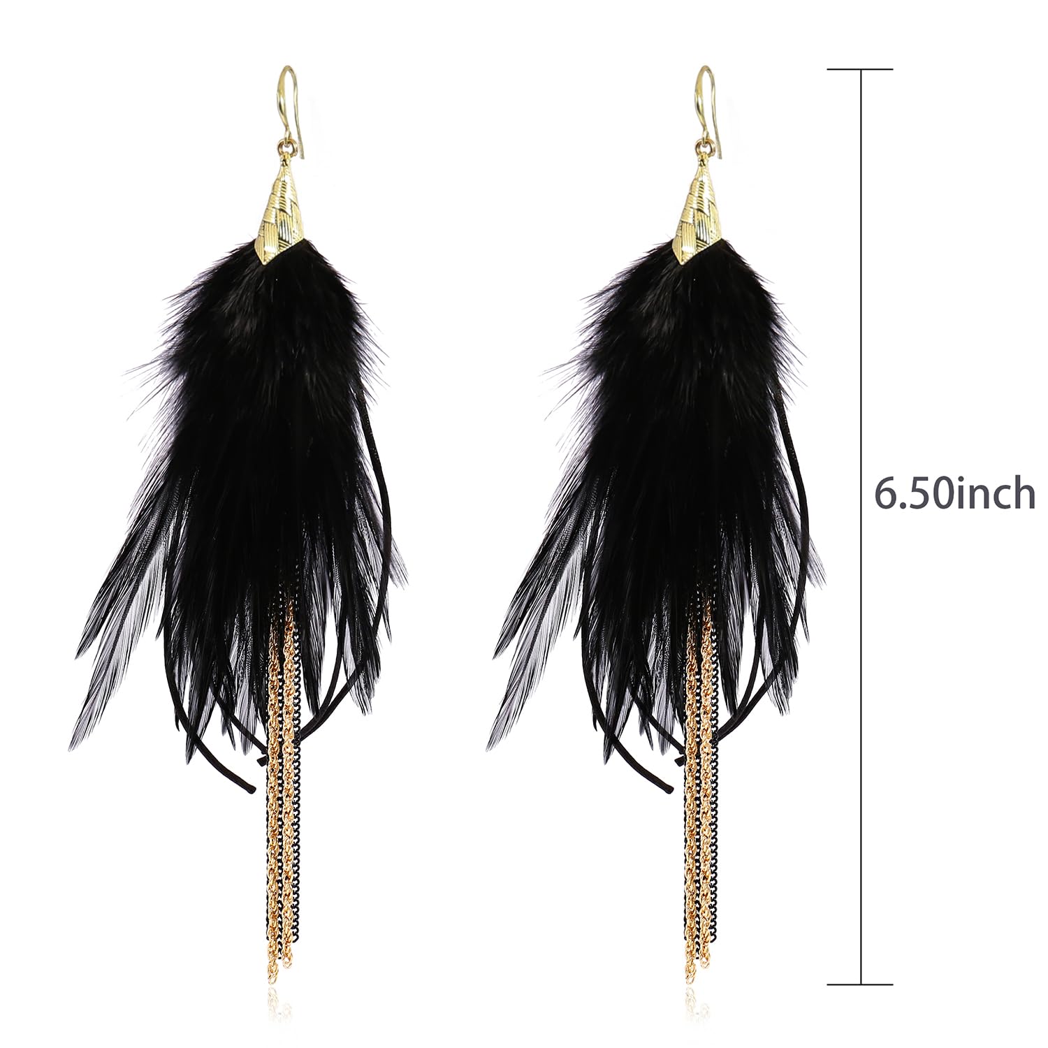 Badu Black Earrings Long Tassel Feather Gold Drop Jewelry Holiday Gift Handmade Jewelry Accessories (Gold Black)