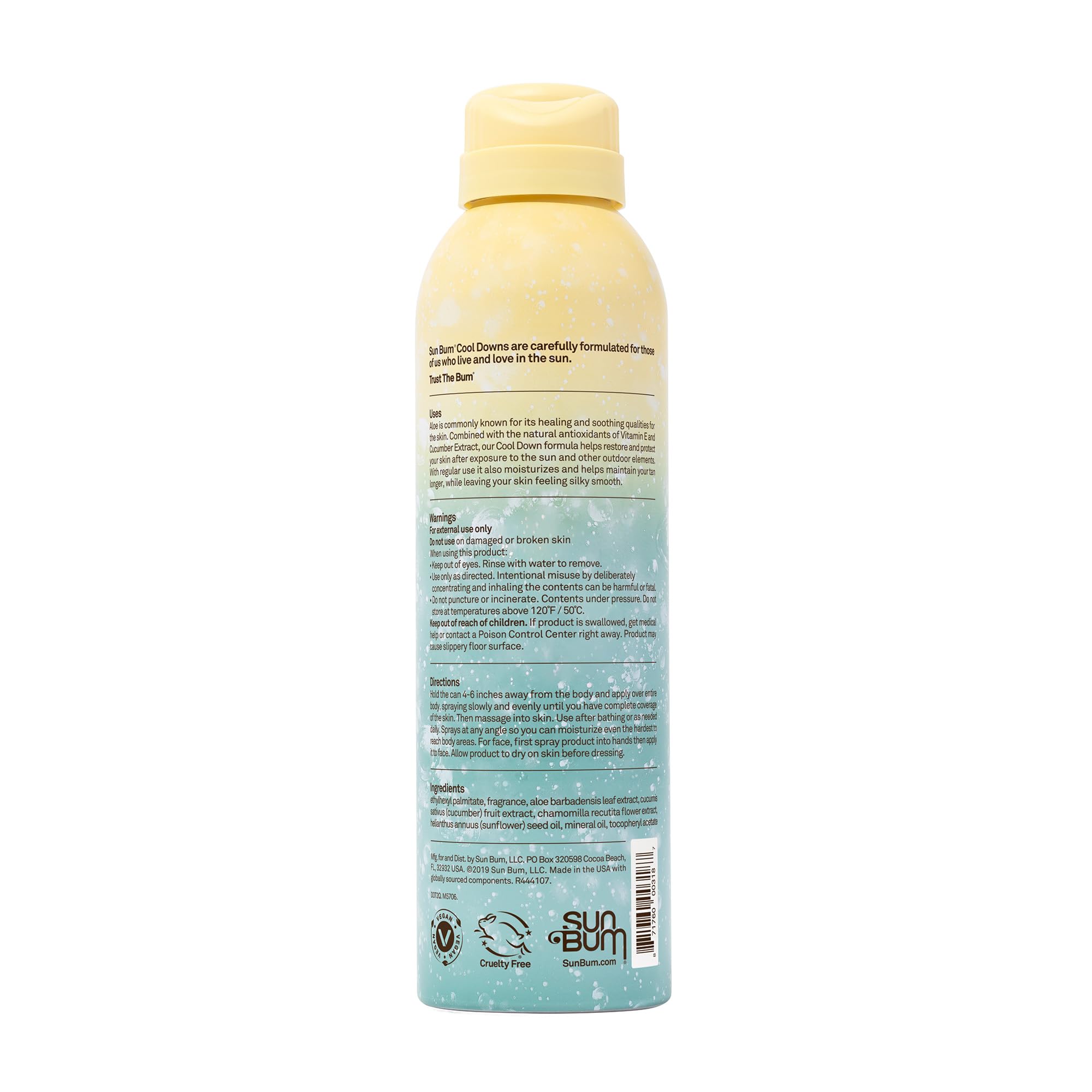 Sun Bum Cool Down Aloe Vera Spray | Vegan After Sun Care with Cocoa Butter to Soothe and Hydrate Sunburn Pain Relief | 6 oz