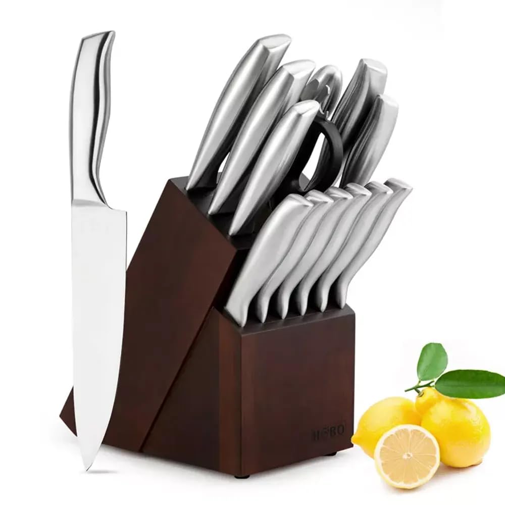 Generic 13Pc Kitchen Knife Set With Wooden Block Razor-sarp Stainless Steel Professional Chef Knife Set with Scissors & Knife Sharpener, Large, Oxford Brown