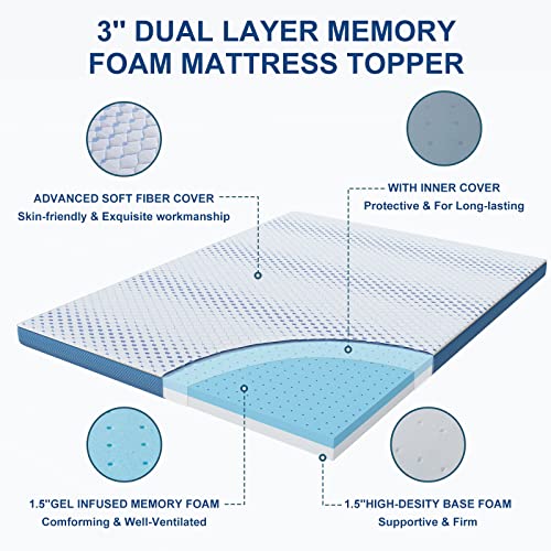 Maxzzz 3 Inch Queen Memory Foam Mattress Topper, High Density Frim Gel Bed Mattress Topper with Removable Washable Cover, Certipur-Us & Oeko-Tex Certified