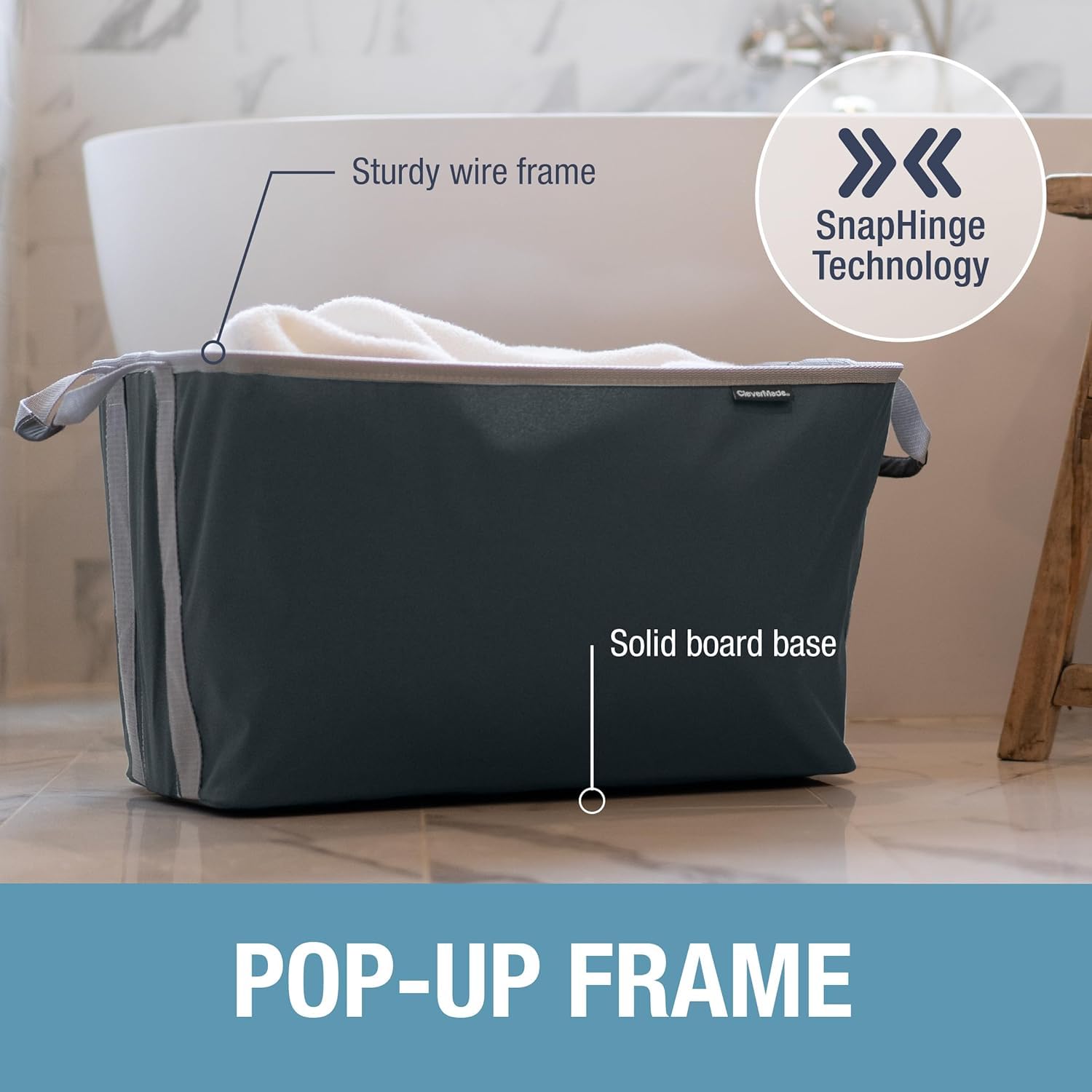 CleverMade Collapsible Laundry Baskets, Midnight Black/Shadow Gray 2PK - 60L (16 Gal) Foldable Laundry Basket with Sturdy Pop-Up Wire Frame and Carry Handles - Space-Saving Collapsible Hamper