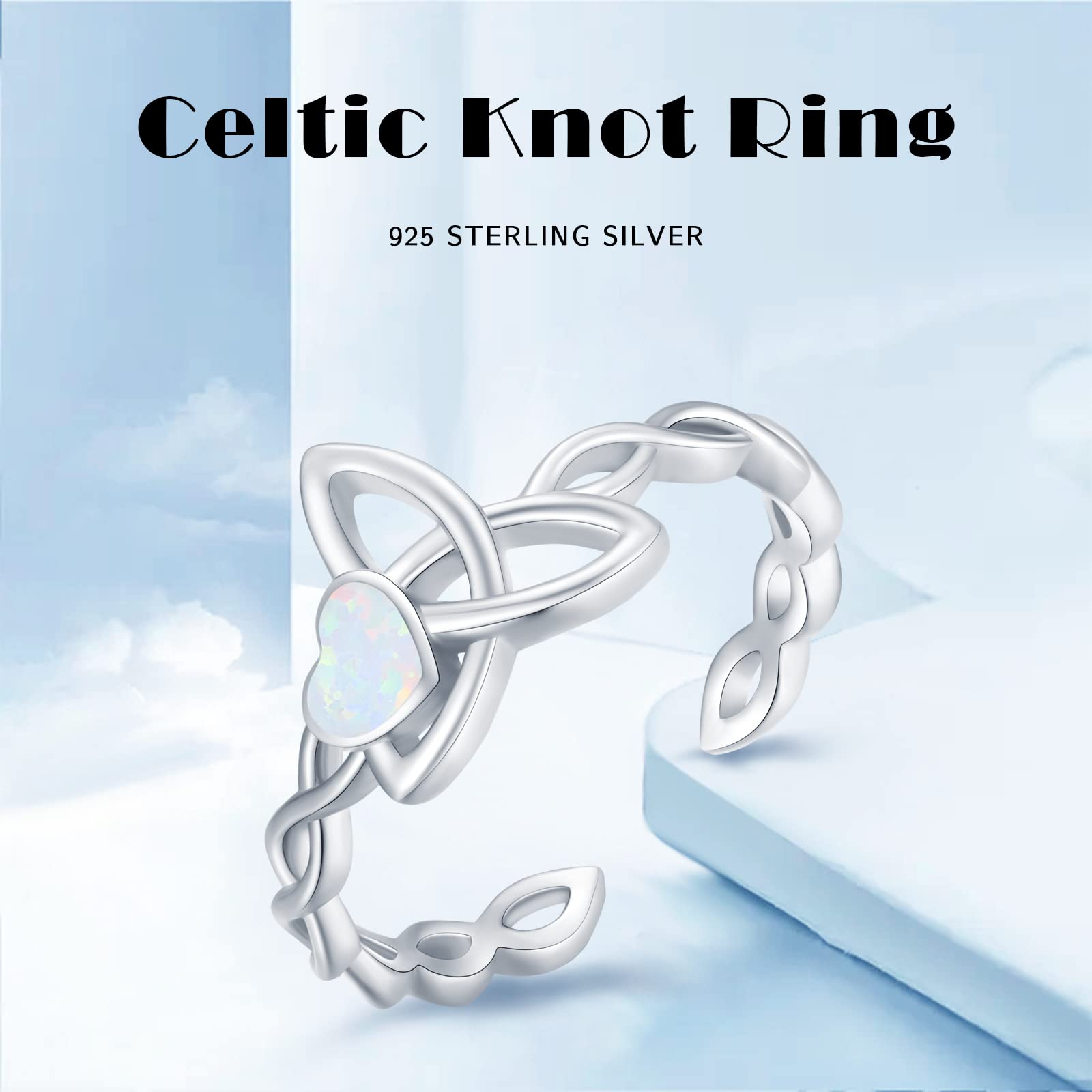 Celtic Ring 925 Sterling Silver Celtic Opal Ring for Women Teens Adjustable Celtic Knot Open Ring Forever Love Heart Opal Celtic Jewelry Gift for Mom Daughter Wife