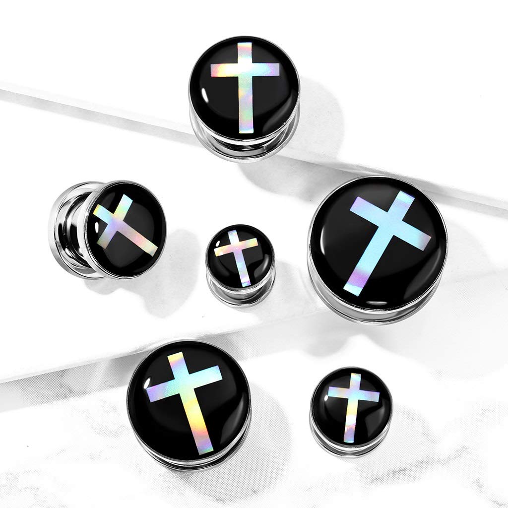 BODY DAZZ Pair 2G-16mm Cross Hologram Surgical Steel Tunnels Plugs (2 Gauge (6mm))