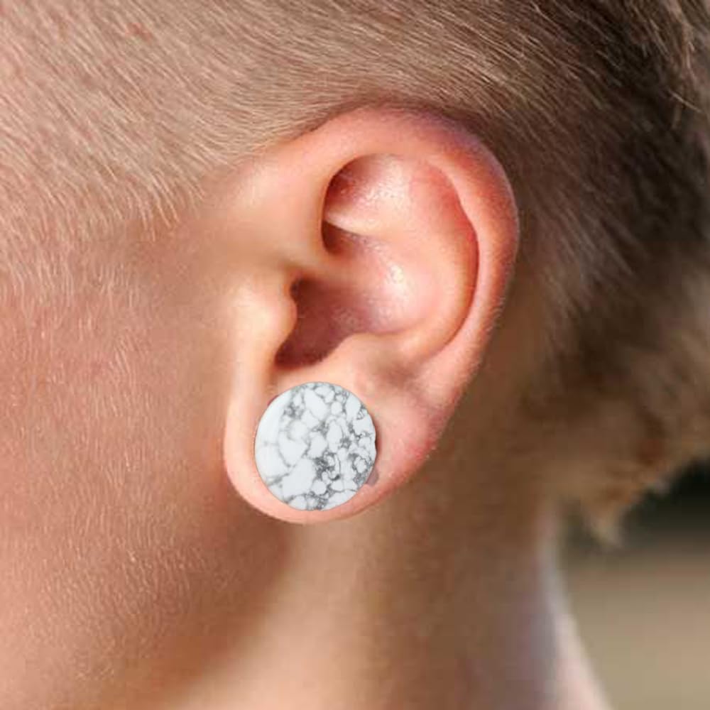 blue palm jewelry Pair of Natural Howlite Stone Saddle Plug Double Flare Ear Lobe Plugs (7/8" (22mm))