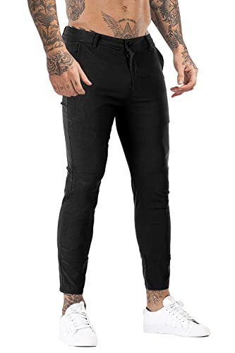 GINGTTO Men's Flat Front Pants Skinny Slim Fit Dress Pants for Men Stretchy Trousers(Black Plain,30)