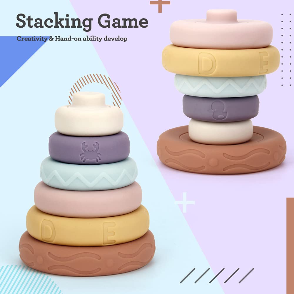 Mini Tudou 6 PCS Baby Girl Toy Stacking & Nesting Toys, Soft Stacking Blocks Ring Stacker, Baby Sensory Teethers Toys w/Letter, Animal and Shape, Early Learning Toys for Babies Toddlers Kids 6 Months