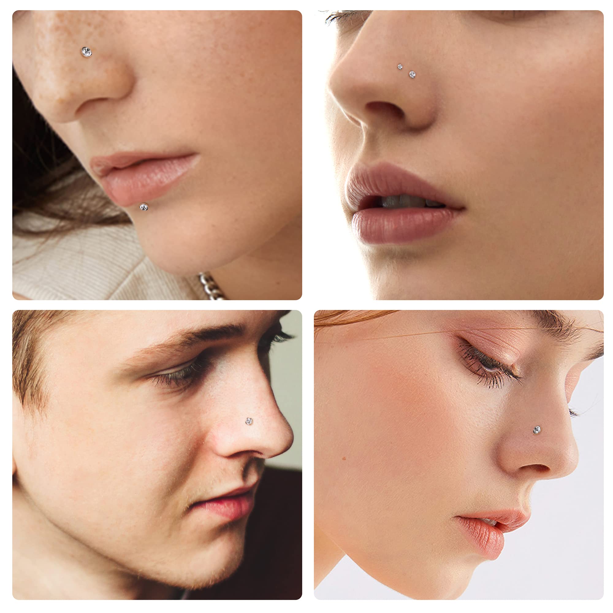 Besteel G23 Titanium 20G Nose Rings Studs for Women Men Clear Diamond CZ Nostril Piercing Jewelry Straight/Screw/L Shaped Nose Studs Set 1.5mm 2mm 2.5mm 3mm 8PCS Screw Shaped