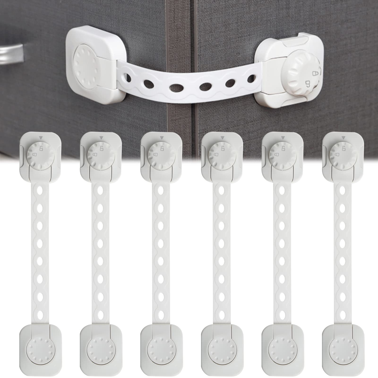 Cabinet Locks for Babies (6 Pack) Safety Child Lock Baby Proofing Drawers Door Latches for Fridge, Dishwasher, Toilet Seats, Ovens, Kitchen - Adjustable Kids Strap Lock, 3M Adhesive Easy Installation