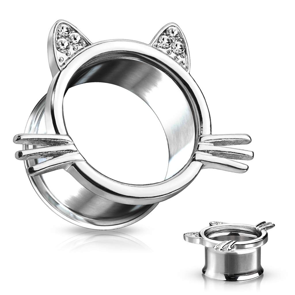 BODY DAZZ Pair 2G-16mm Kitty Cat Surgical Steel Ear Tunnels Plugs Double Flared (0G (8mm))