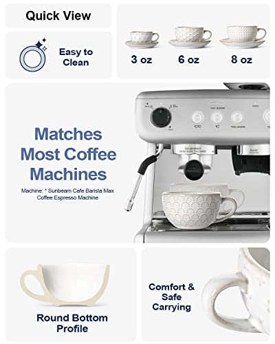 LE TAUCI 6 oz Cappuccino Cups with Saucers, House-warming Gift, Ceramic Embossment Coffee Cup for Au Lait, Double shot, Latte, Cafe Mocha, Tea - Set of 4, Arctic white